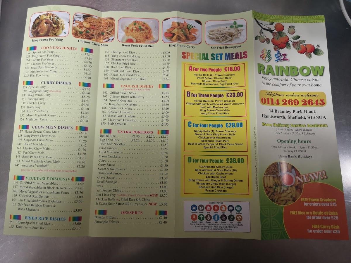 Menu at Rainbow Chinese fast food, Sheffield