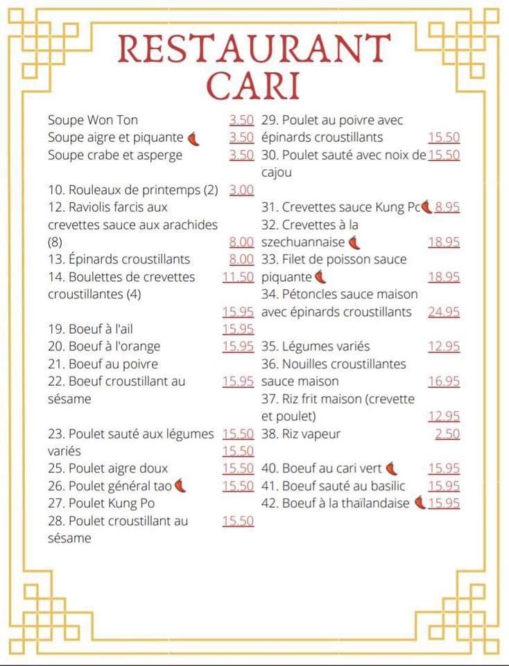 Menu au Restaurant Cari, Québec