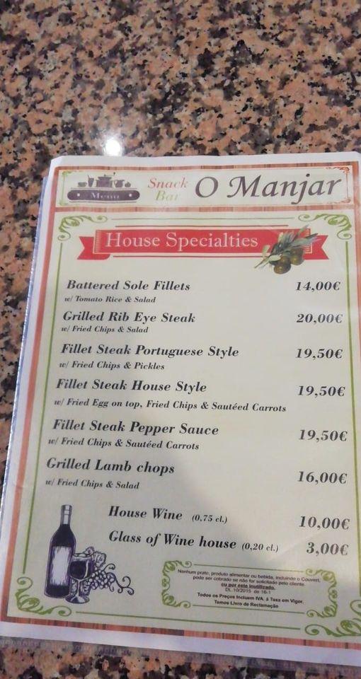Menu at Restaurante o manjar, Albufeira
