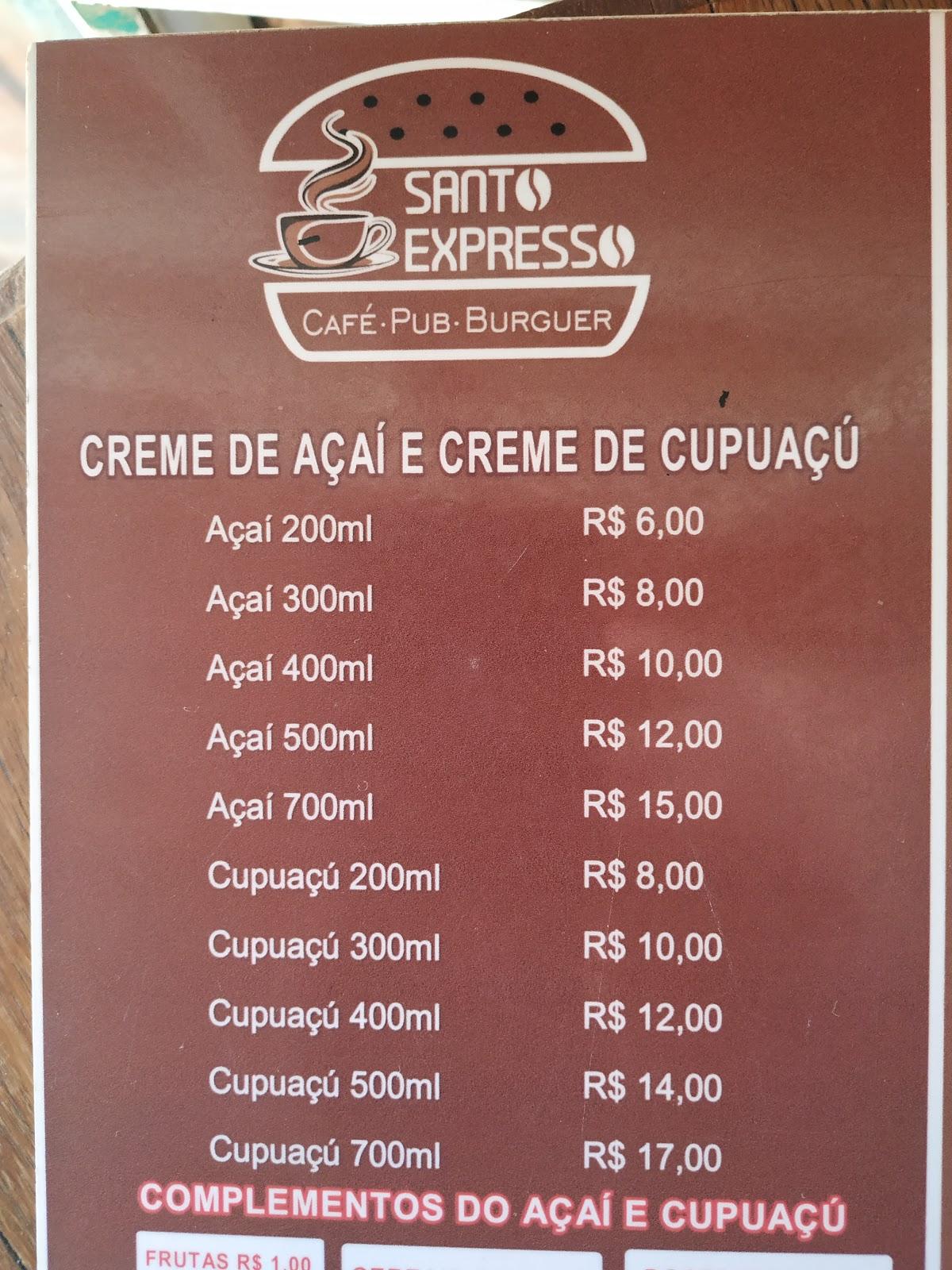 Menu at Santo Expresso Cafe, Pub & Burguer, São Thomé das Letras