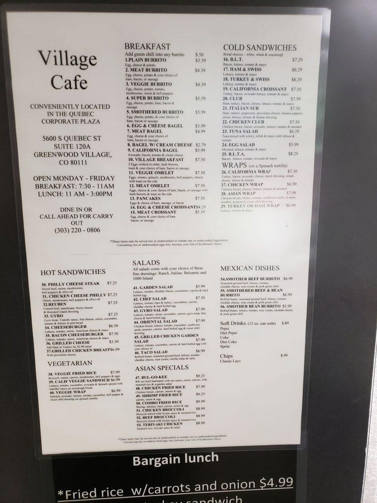 Menu at Village Cafe, Greenwood Village, S Quebec St