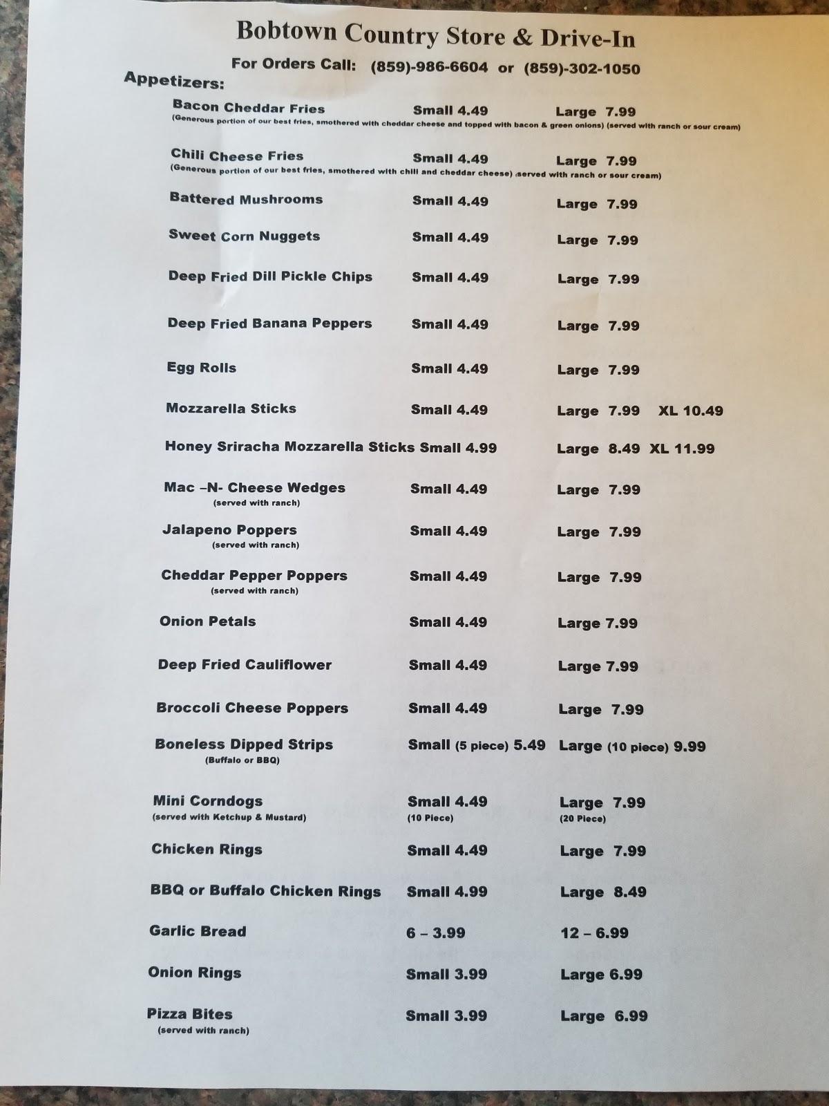 Menu at Bobtown Country Store & Drive-In restaurant, Berea, KY-1016