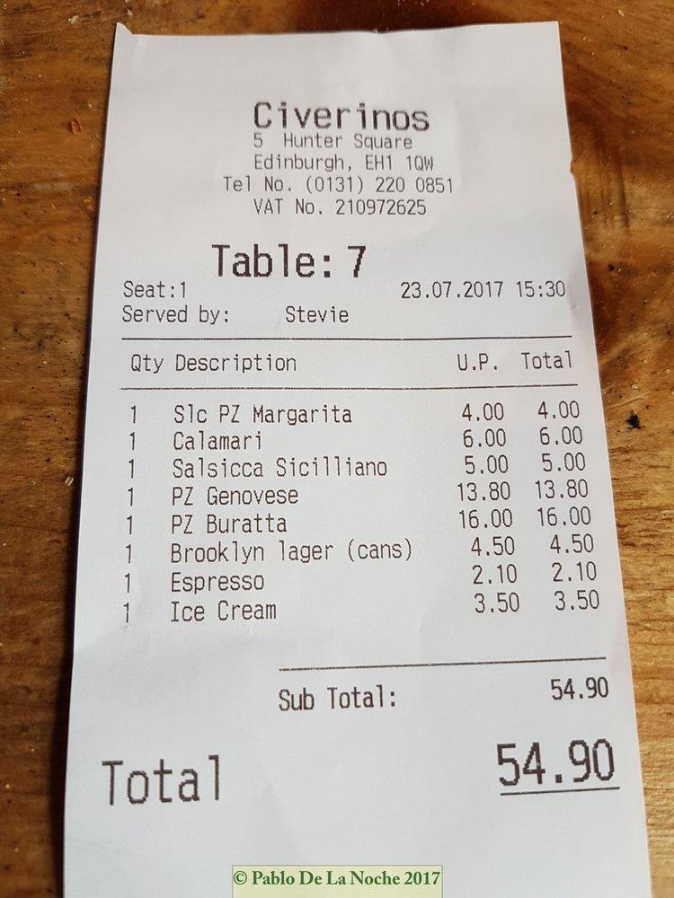 Menu at Civerinos Hunter Square (the original) pizzeria, Edinburgh, 5 ...