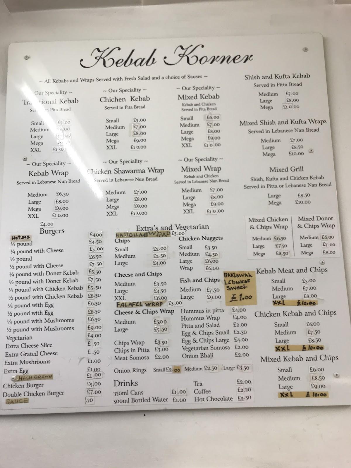 Menu at Kebab Corner fast food, Newbury