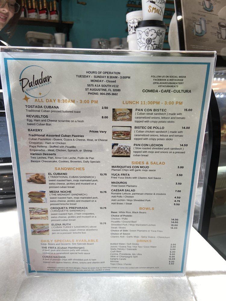 Menu at Paladar Cuban Eatery & Bakery, Butler Beach