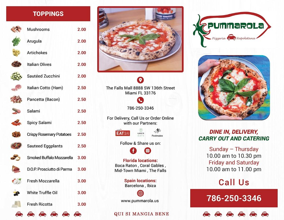 Carta de pizzería Pummarola at The Falls "Pizza Napoletana", Miami