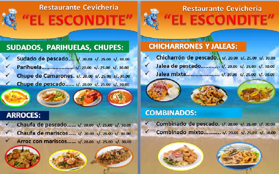 Carta de Restaurante Cevicheria "El Escondite", Lima