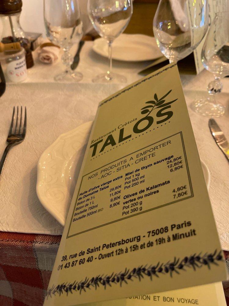 Menu at Talos restaurant, Paris