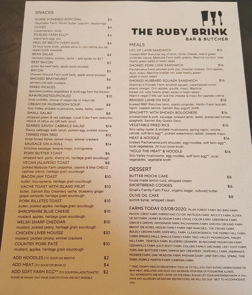 Menu at The Ruby Brink pub & bar, Vashon
