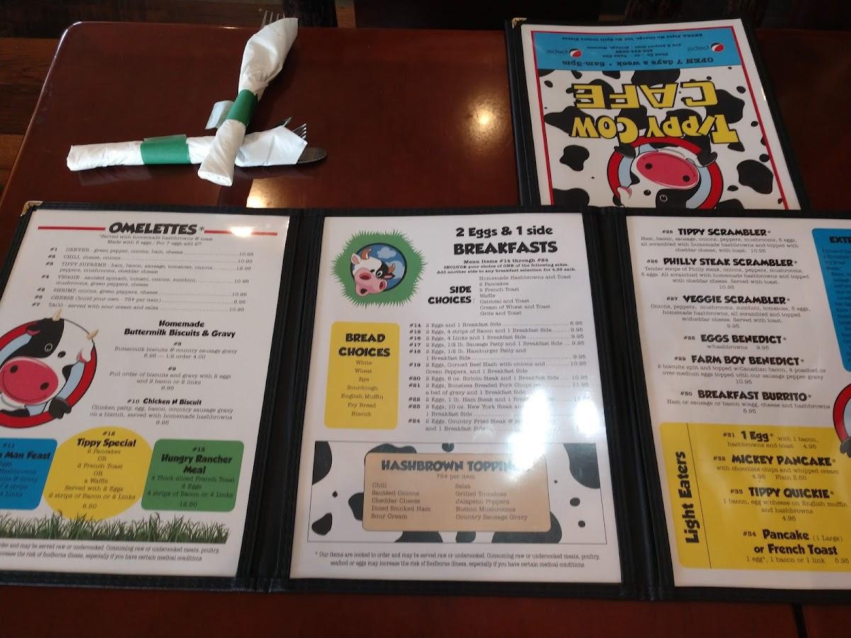 Menu at Tippy cow cafe, Billings
