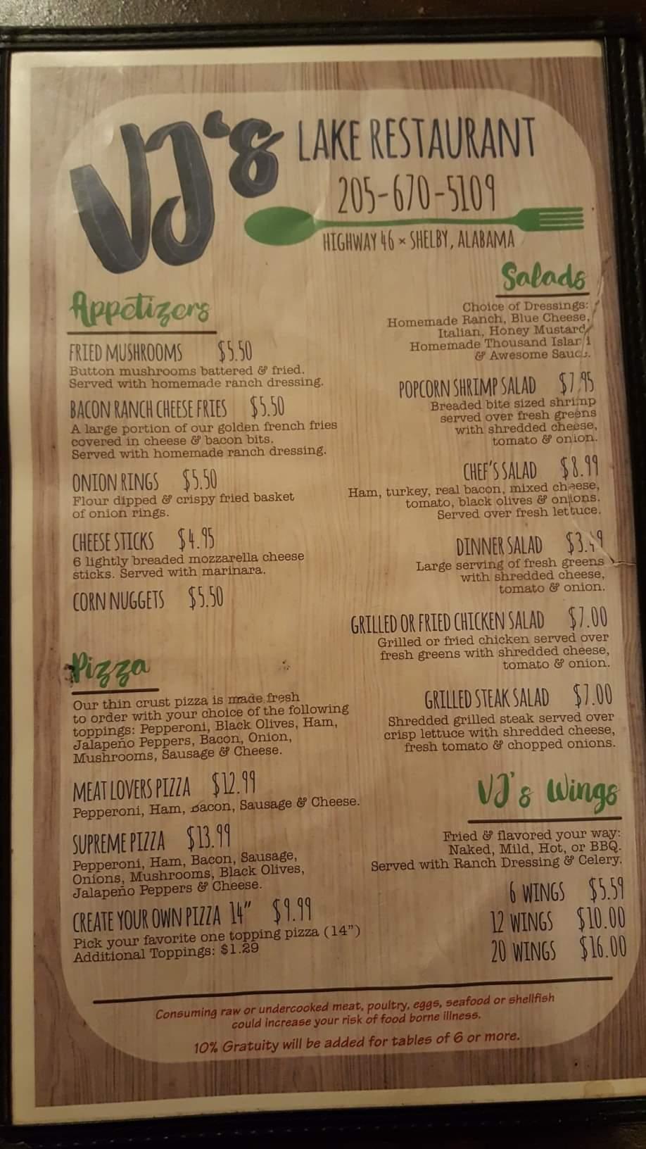 Menu at VJ's Restaurant, Shelby