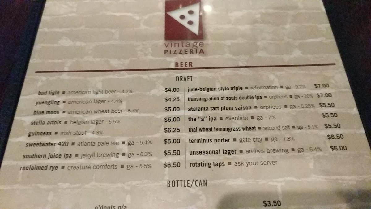 Menu at Vintage Pizzeria Dunwoody, Dunwoody, Chamblee Dunwoody Rd