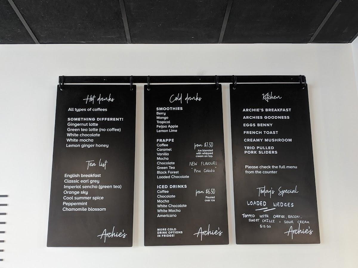 Menu at Archies Coffee & Kitchen cafe, Hamilton