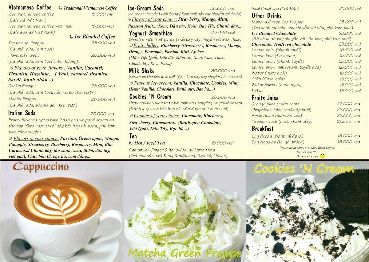 Menu at BiNa coffee, Ho Chi Minh City, BiNa coffee