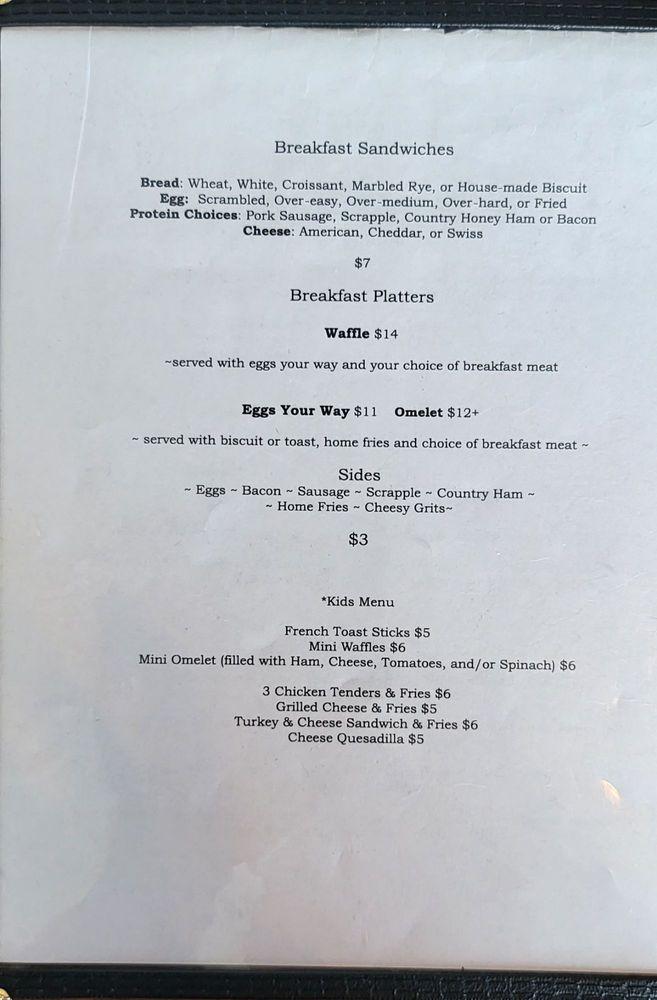Menu at Bulrushes Cafe, Prince Frederick