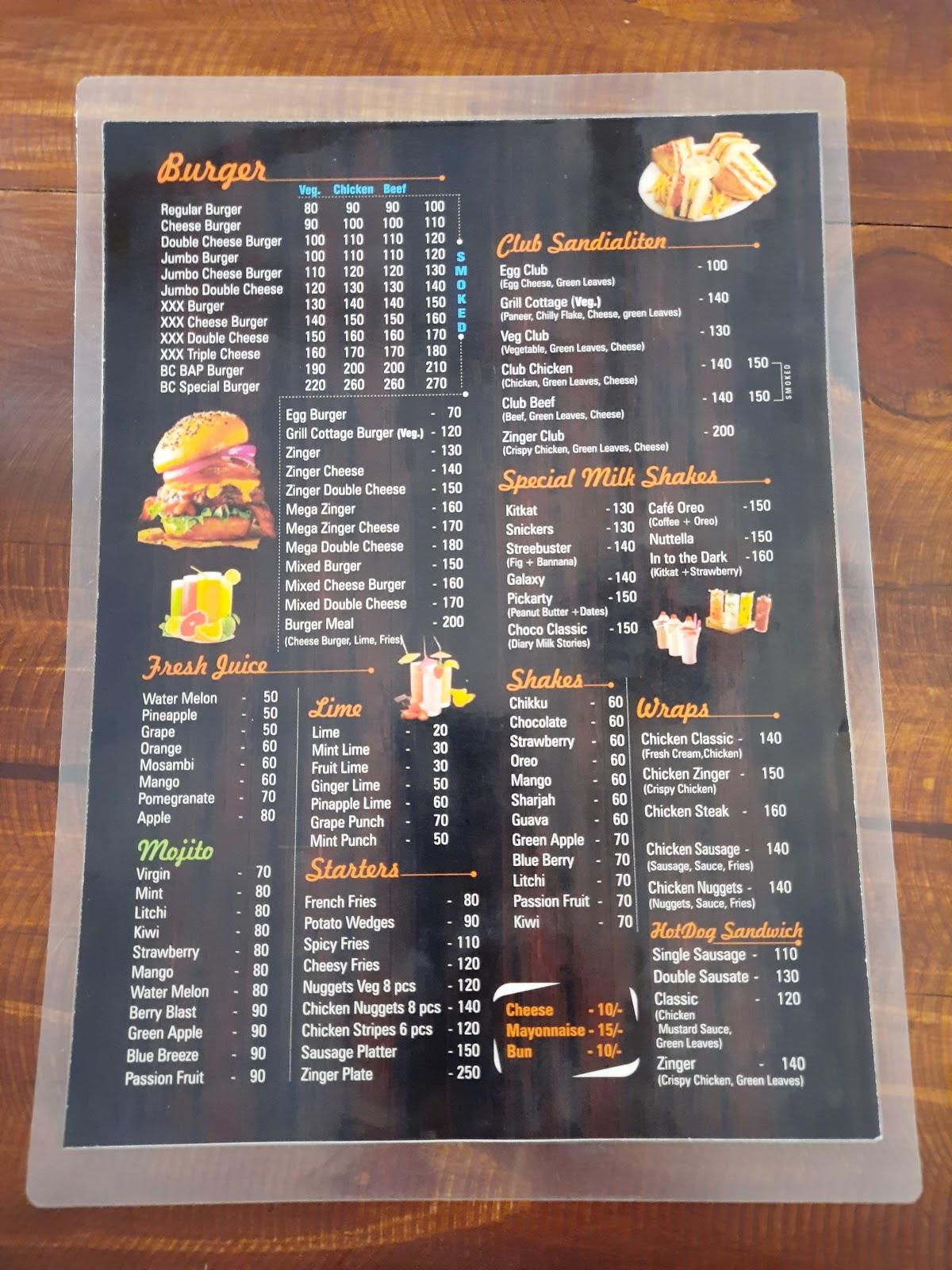 Menu at Burger Castle BC Cafe, Thrissur, G6FC+5GQ