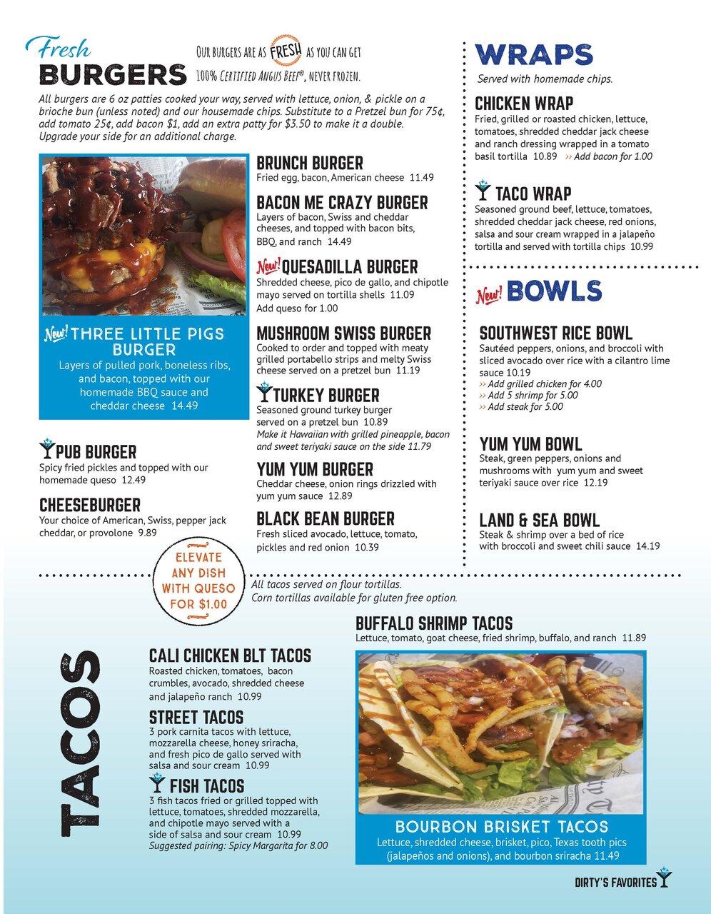 Menu at Dirty's Bar & Grill, Charleston