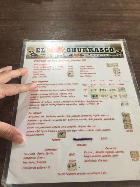 Menu at El Churrasco restaurant, Ciudad del Carmen, Calle 26 121