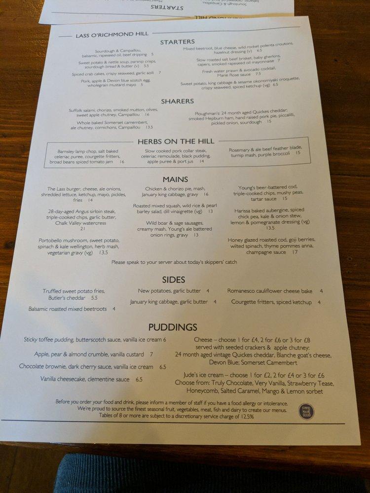 Menu at Lass O'Richmond Hill pub & bar, Richmond
