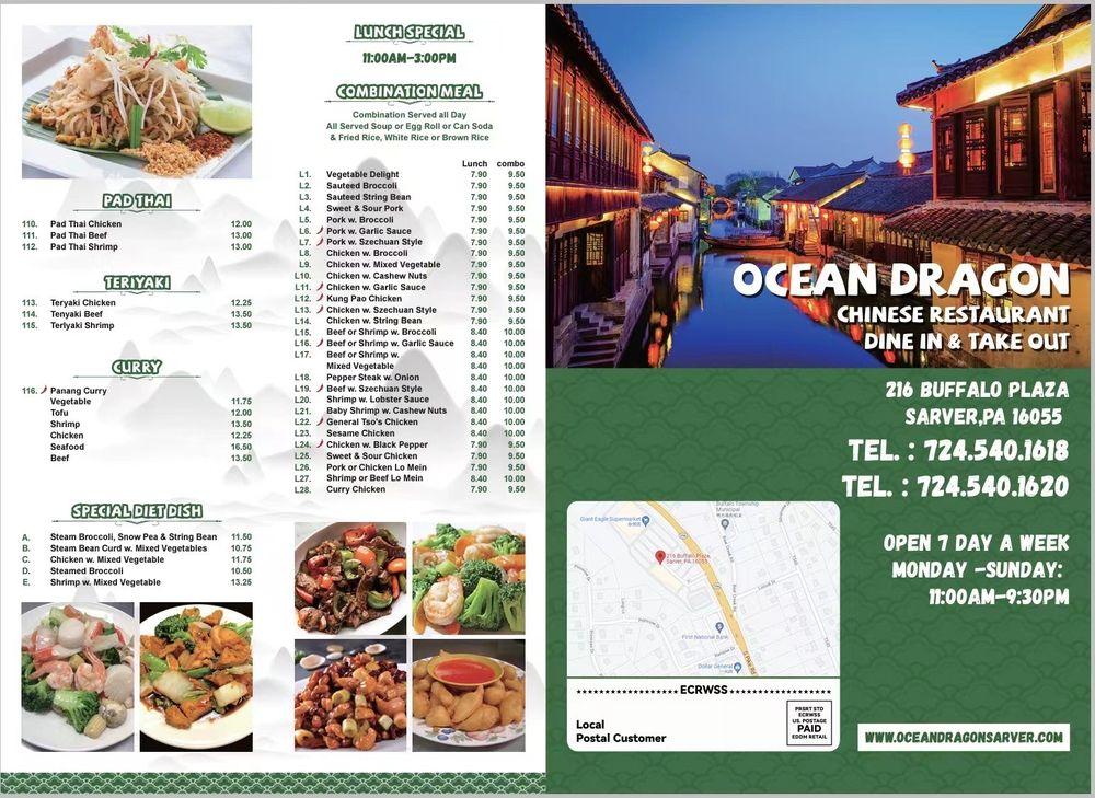 Menu at Ocean Dragon Chinese restaurant, Sarver