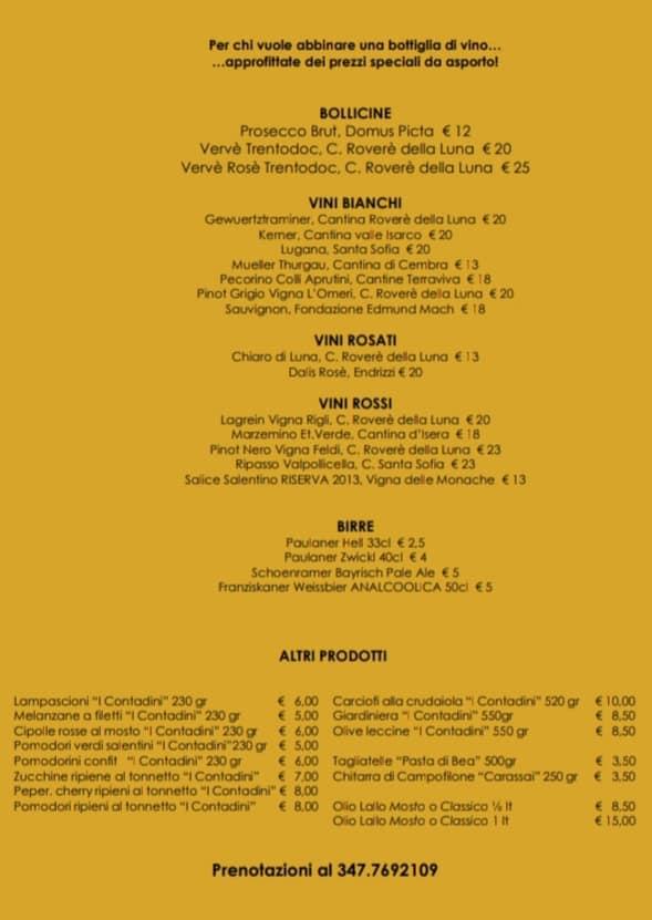 Menu at Osteria San Rocco restaurant, Sardagna