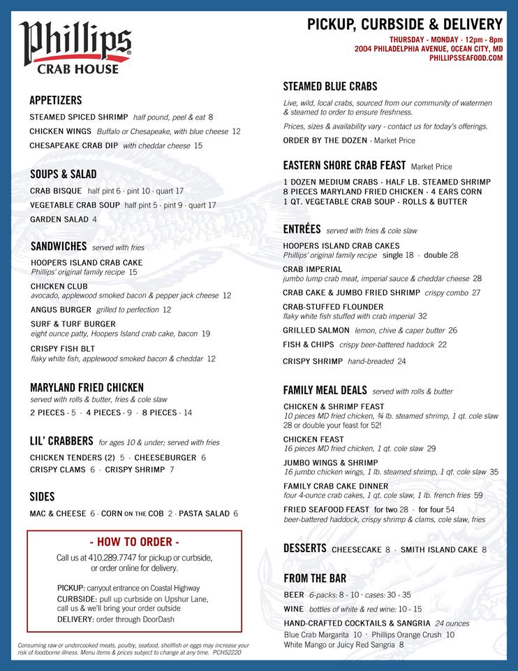 Menu at Phillips Crab House restaurant, Ocean City, North Philadelphia ...