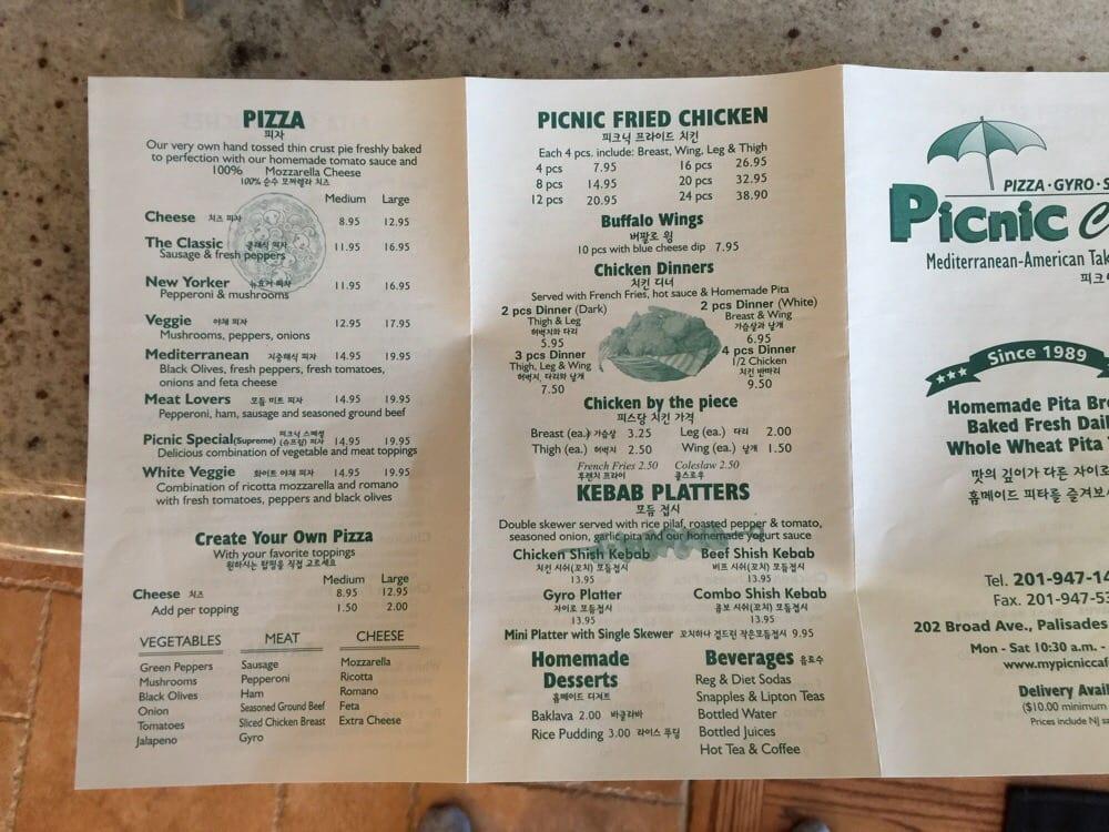 Menu at Picnic Cafe, Palisades Park