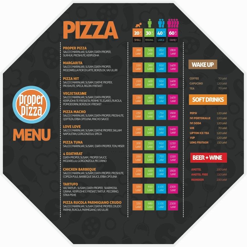 Menu at Proper Pizza "Stadiumi Dinamo" restaurant, Tirana, Gjin Bue Shpata