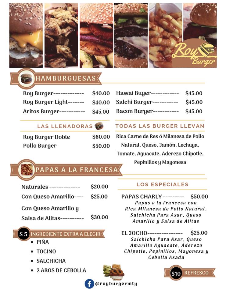 Menu at Roy Burger restaurant, Monterrey