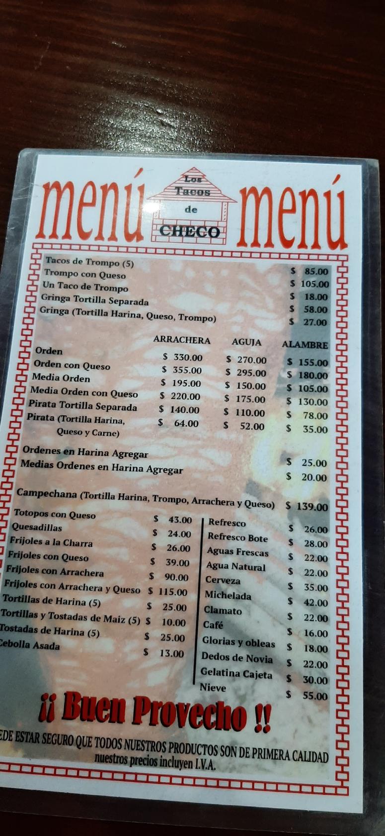 Carta del restaurante Tacos Checo, Saltillo