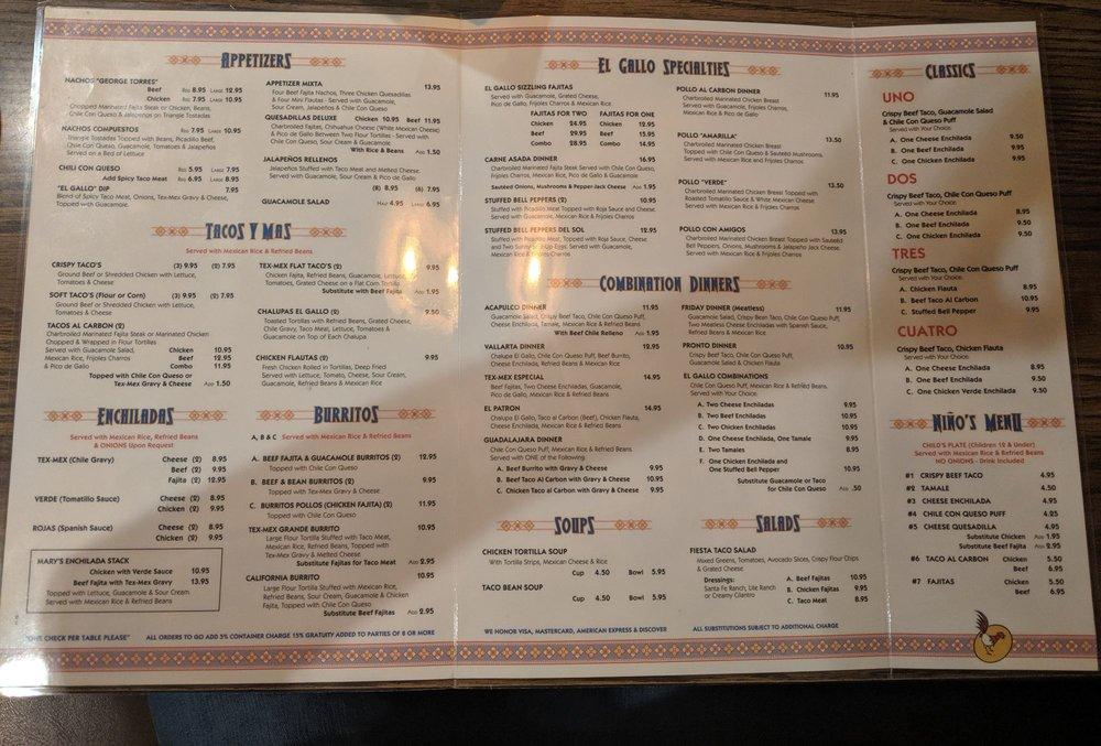 Carta del restaurante El Gallo, Houston, Jones Rd