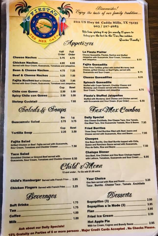 Menu at Fiesta's Tex Mex restaurant, Caddo Mills, State Hwy 66