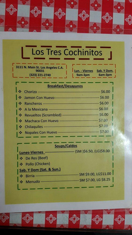 Carta de Los Tres Cochinitos Restaurant, Los Angeles, N Main St