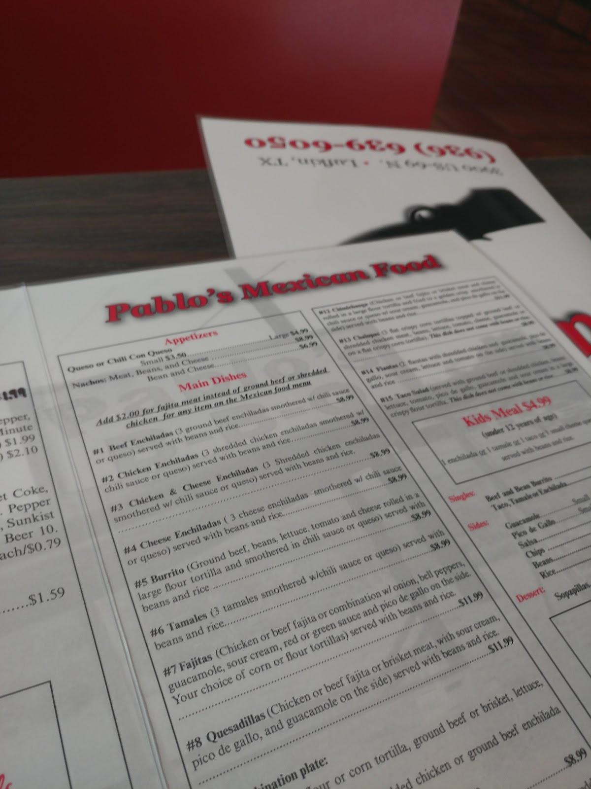 Menu at Pablo's BBQ, Lufkin, US-69