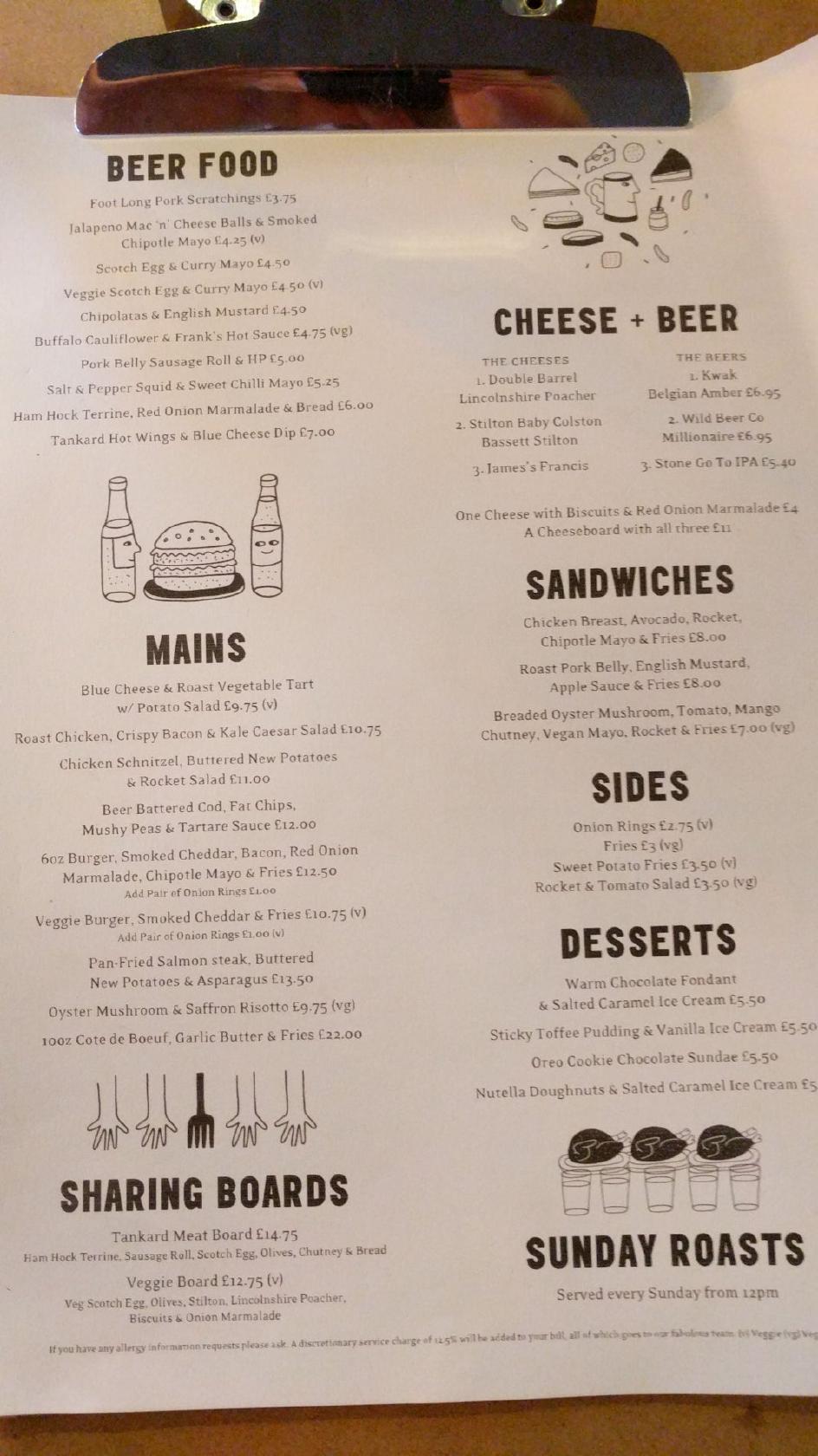 Menu at The Tankard pub & bar, London, 111 Kennington Rd