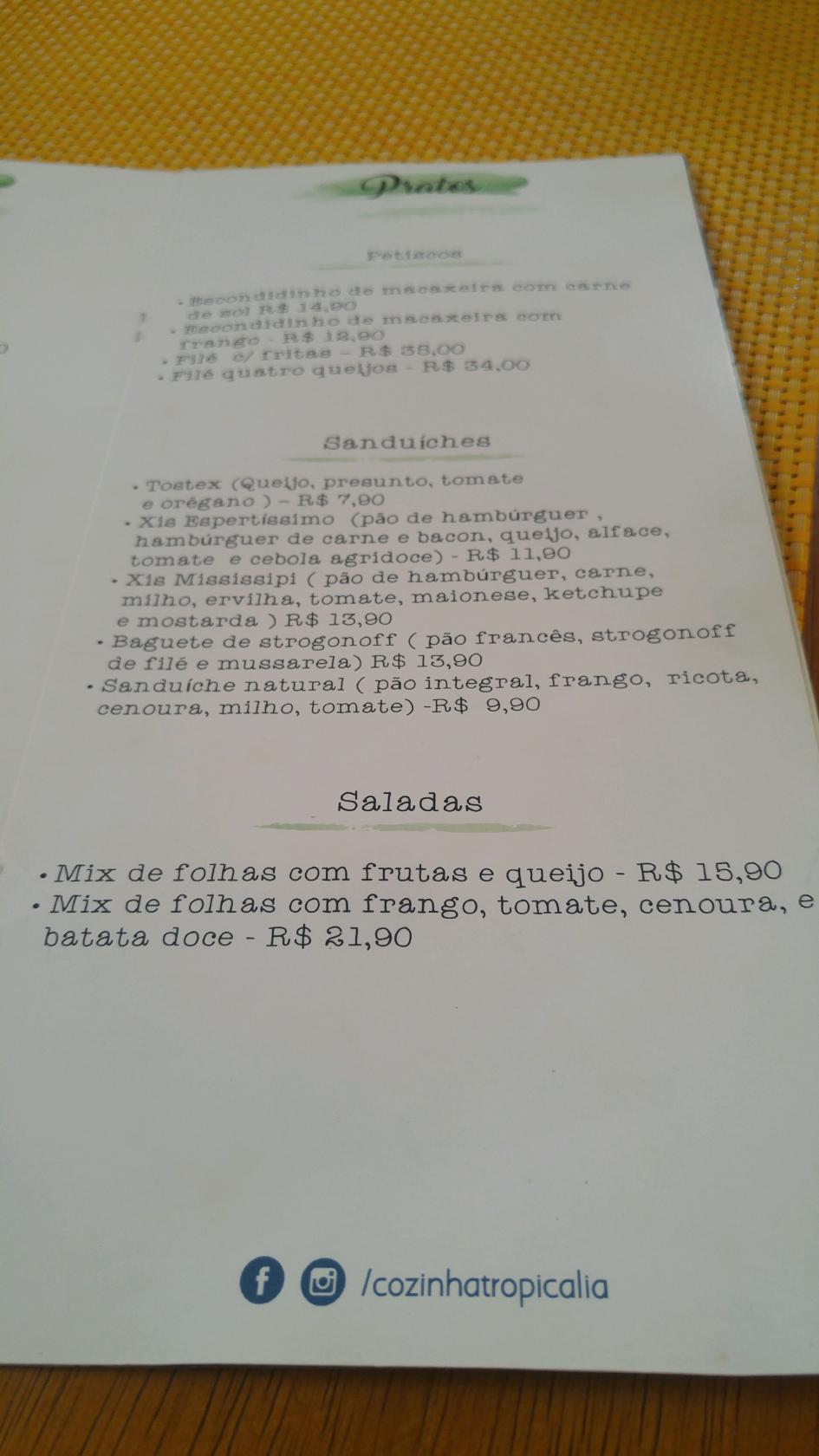 Menu em Tropicália restaurante, Teresina