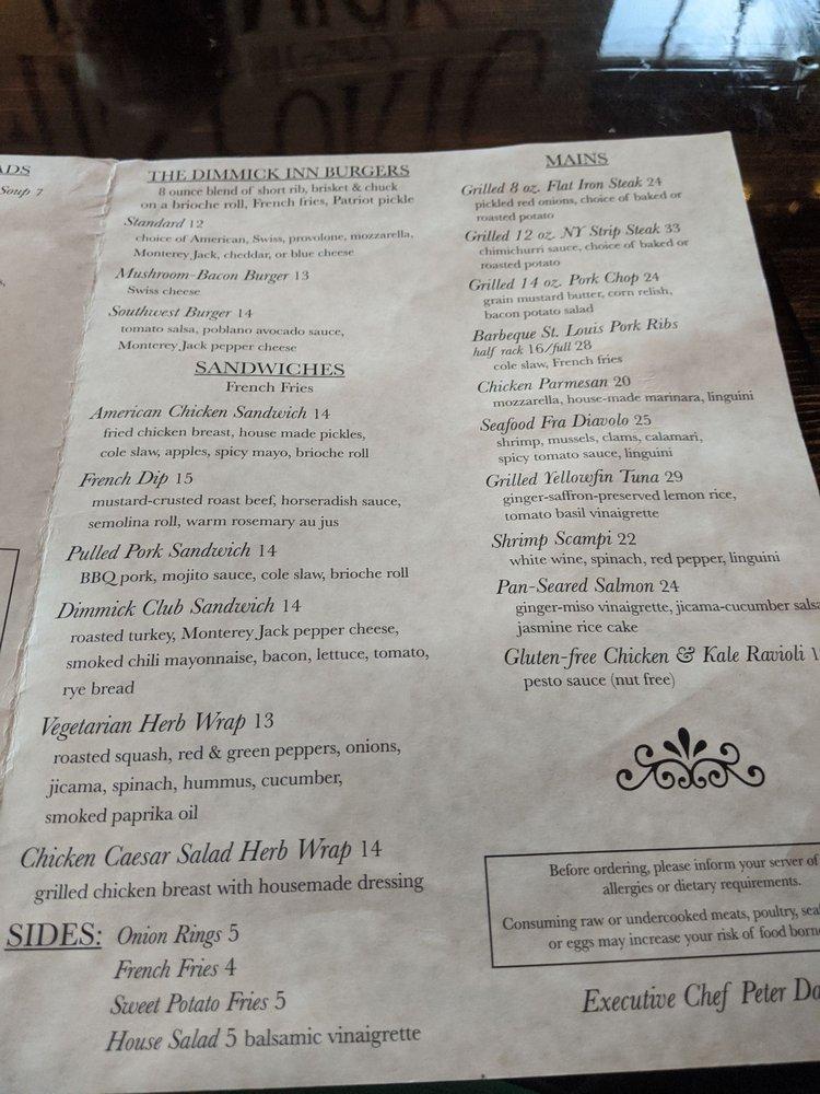 Menu at Historic Dimmick Inn pub & bar, Milford