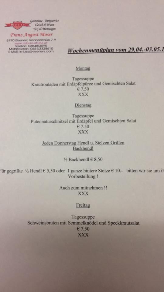 Menu at Gaststätte Franz August restaurant, Eisenerz