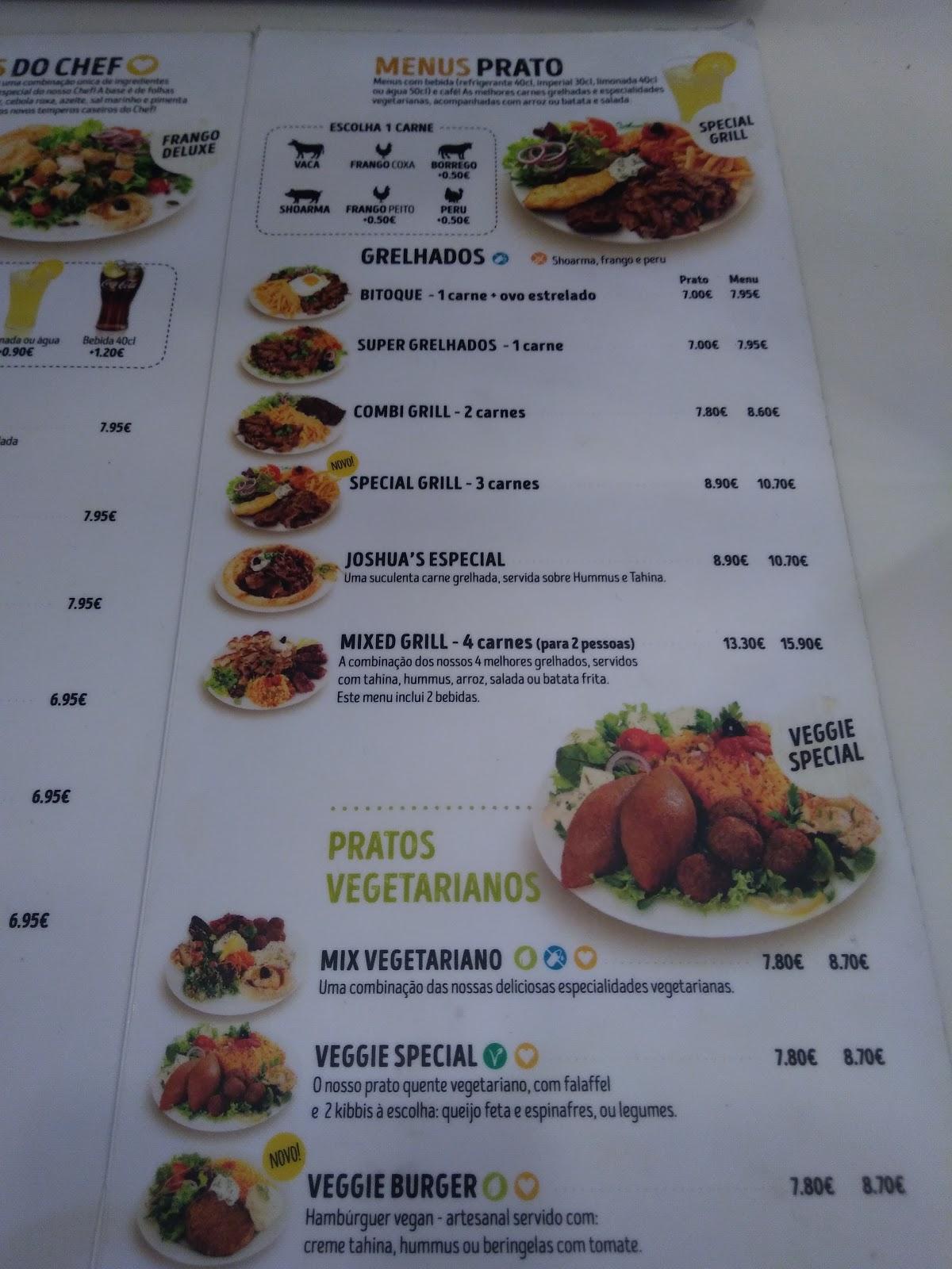 Menu at Joshua's Shoarma Grill restaurant, Braga, R. dos Congregados 156