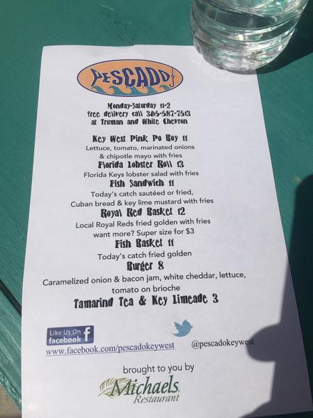 Menu at PESCADO restaurant, Key West