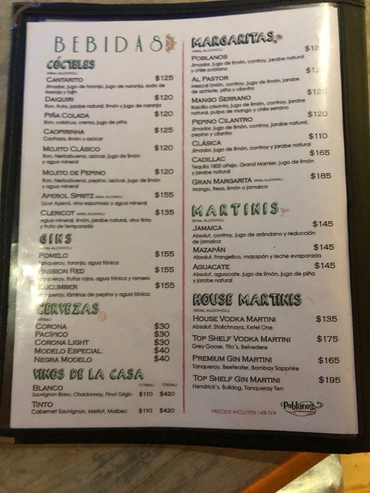 Menu at Poblanos Cucina Mexicana restaurant, Puerto Vallarta