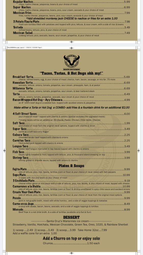 Menu at Ranch Milk pub & bar, Watsonville