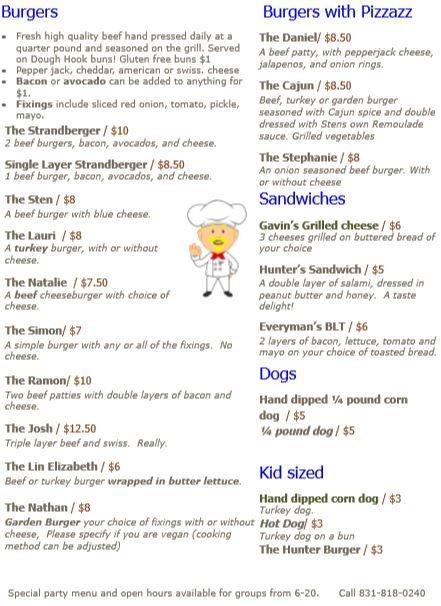 Carta del restaurante Sten’s Burger Strand, Dunsmuir