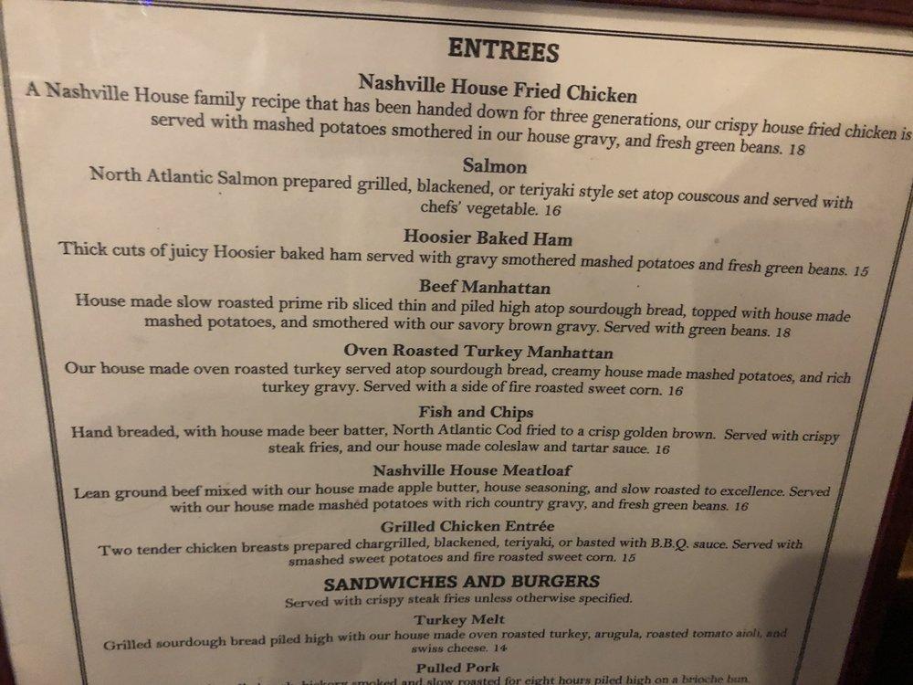 Menu at The Nashville House restaurant, Nashville, 15 S Van Buren St