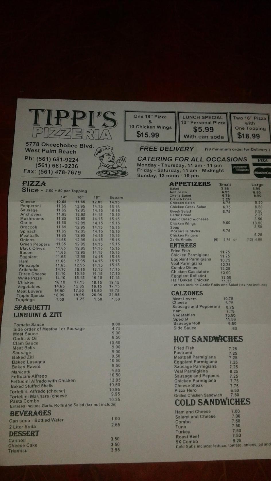 Menu at Tippi's Pizza pizzeria, West Palm Beach