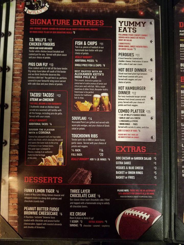 Menu at Touchdown Willy's Tap & Grill pub & bar, Smithville