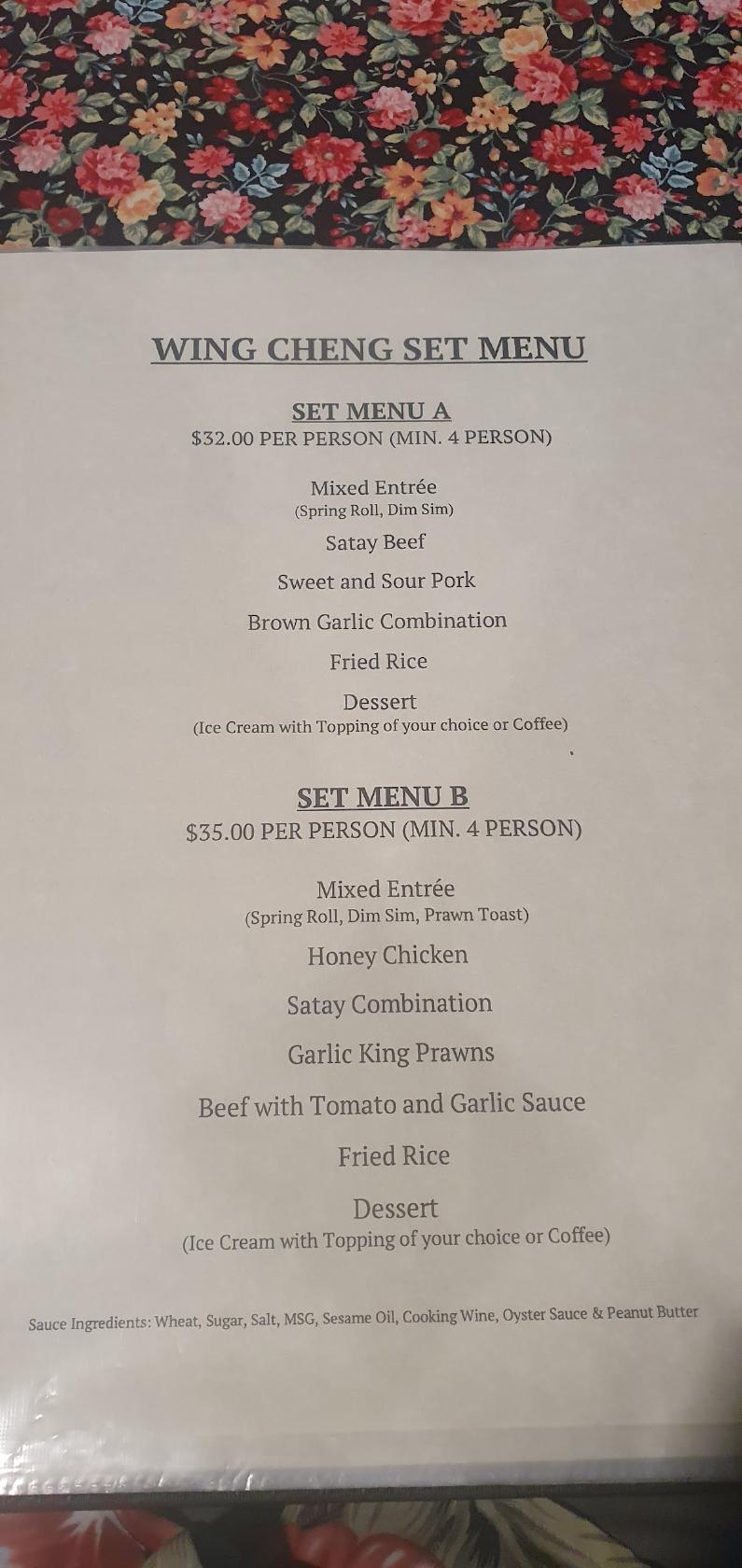 Menu at Wing Cheng restaurant, Tumut, 141 Wynyard St