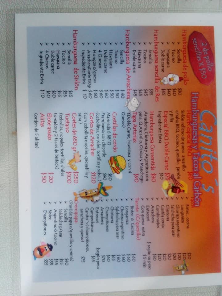 Menu at Canito's restaurant, Mexico City