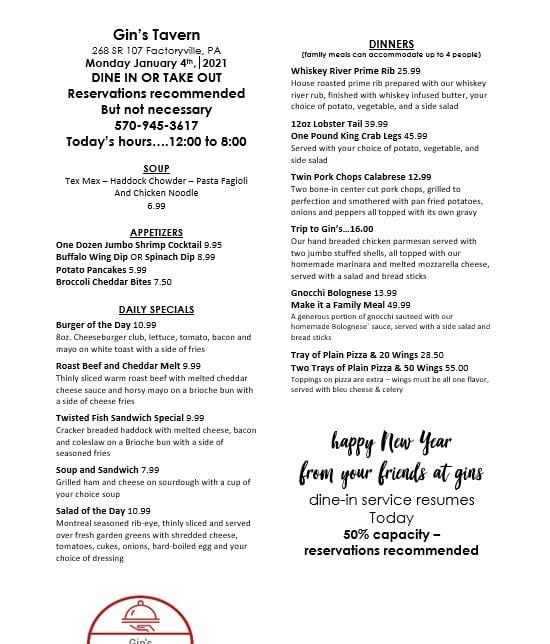 Menu at Gin's Tavern pub & bar, Factoryville