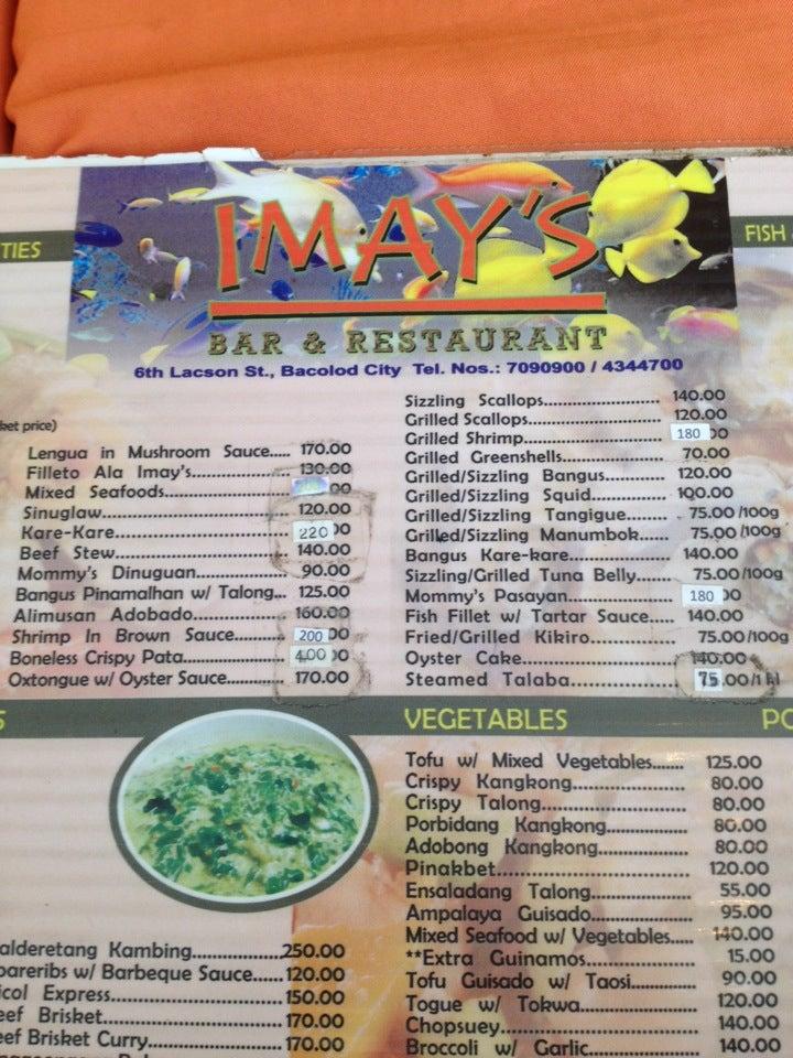Menu at IMAY'S restaurant, Bacolod, MXF3+WRX